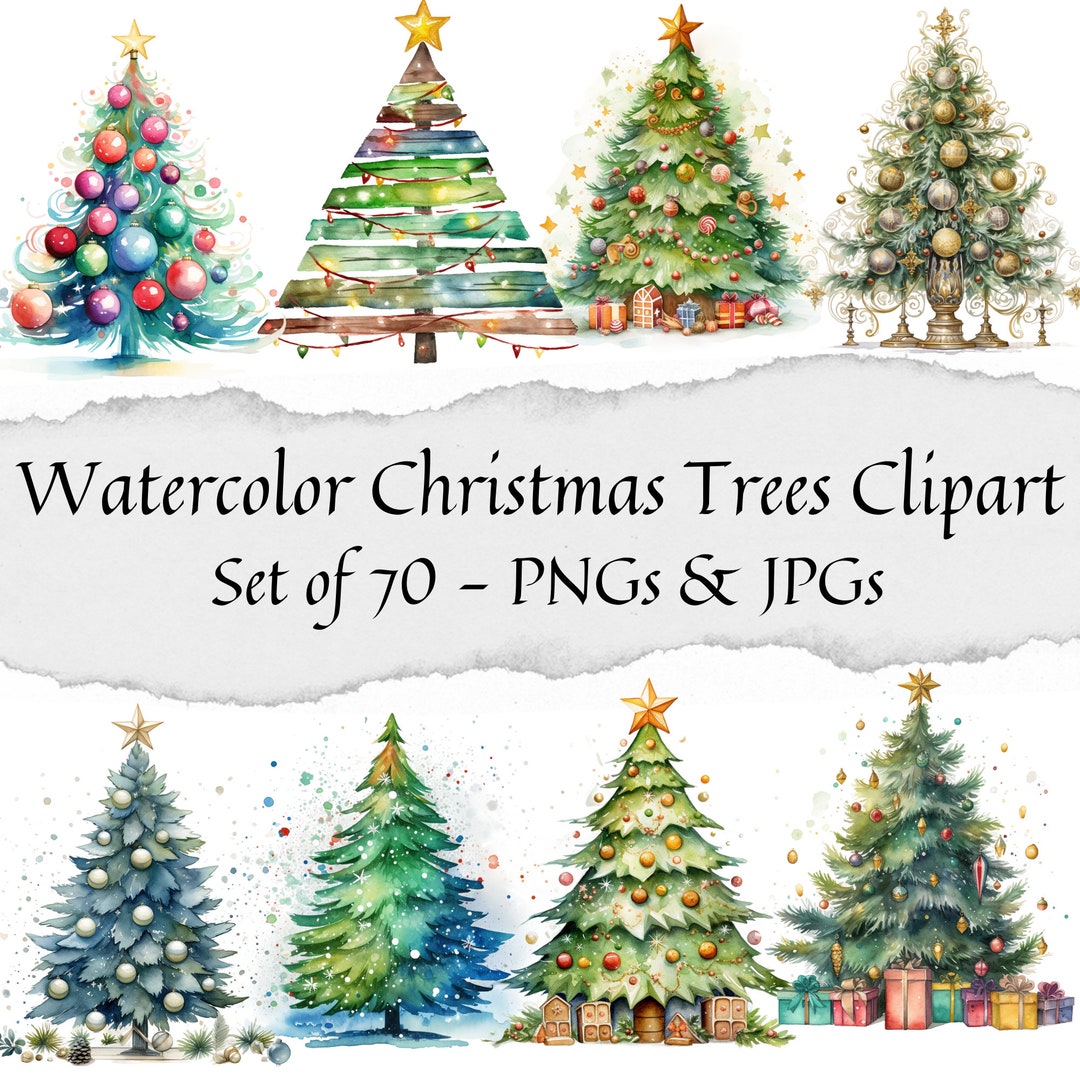 Watercolor Christmas Trees Clipart - Set of 70 Painted Tree Clipart ...
