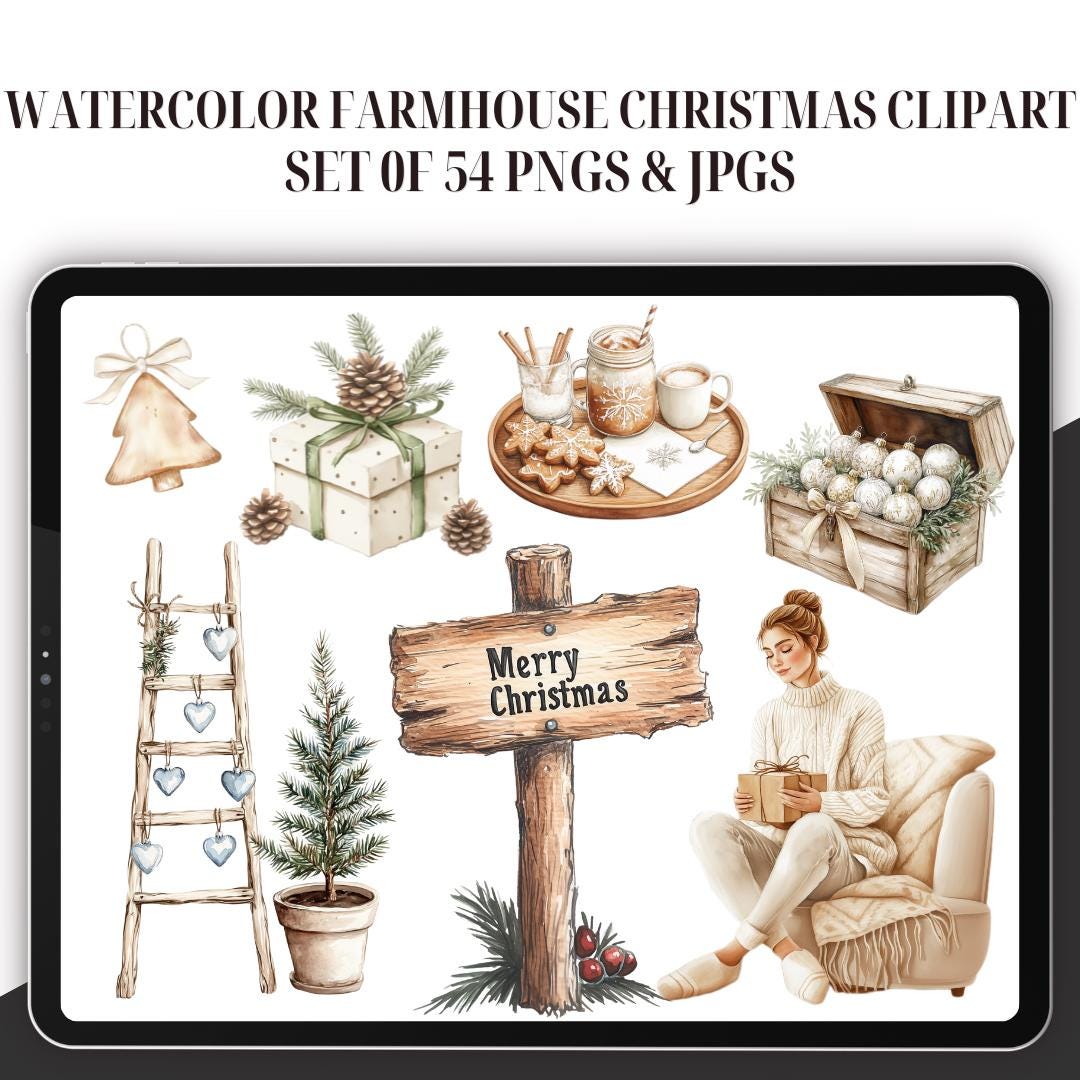 Watercolor Farmhouse Christmas Clipart Set of 54, Boho Christmas Png ...