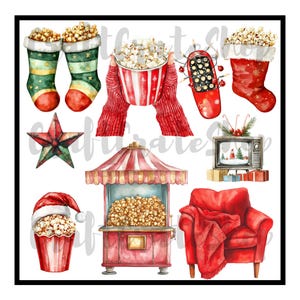 Watercolor Christmas Movie Night Clipart: Boho Holiday PNG Set (50 ...