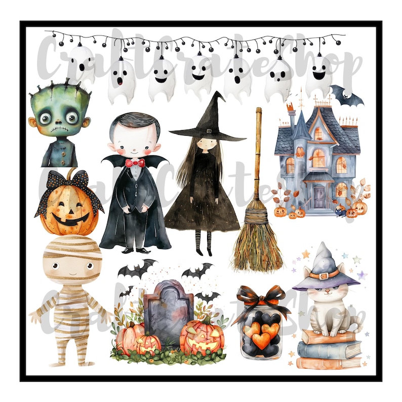 Cute Halloween Watercolor Clipart - Set of 68, Pumpkin Clipart ...