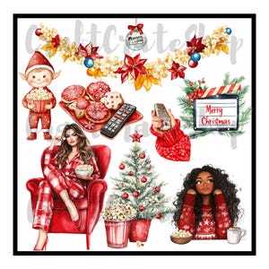 Watercolor Christmas Movie Night Clipart: Boho Holiday PNG Set (50 ...