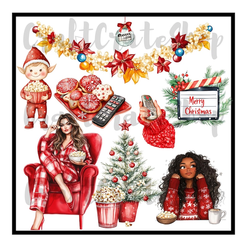 Watercolor Christmas Movie Night Clipart: Boho Holiday PNG Set (50 ...