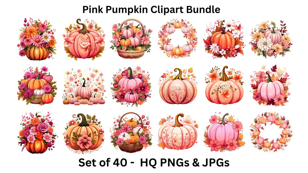 Pink Pumpkin Clipart Bundle - Set of 40 Floral Pumpkin Graphics ...