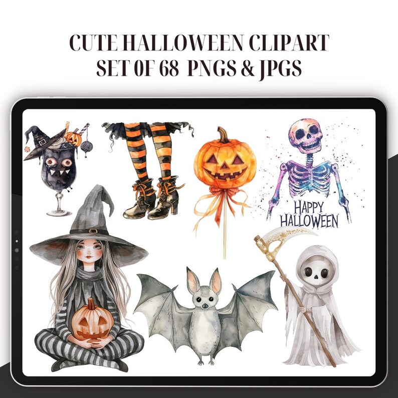 Cute Halloween Watercolor Clipart - Set of 68, Pumpkin Clipart ...