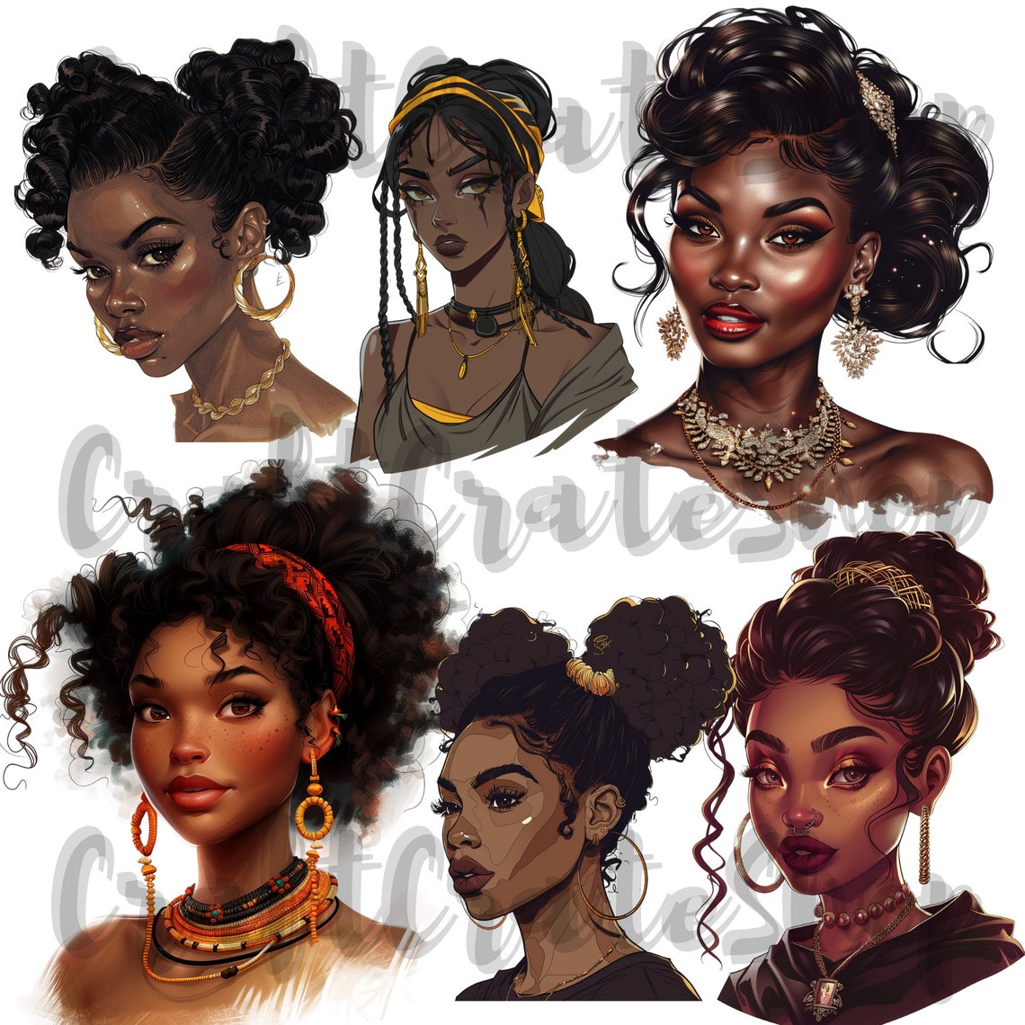 Black Woman Clipart - Set of 34, Black Girl Clipart, Portrait Clipart ...