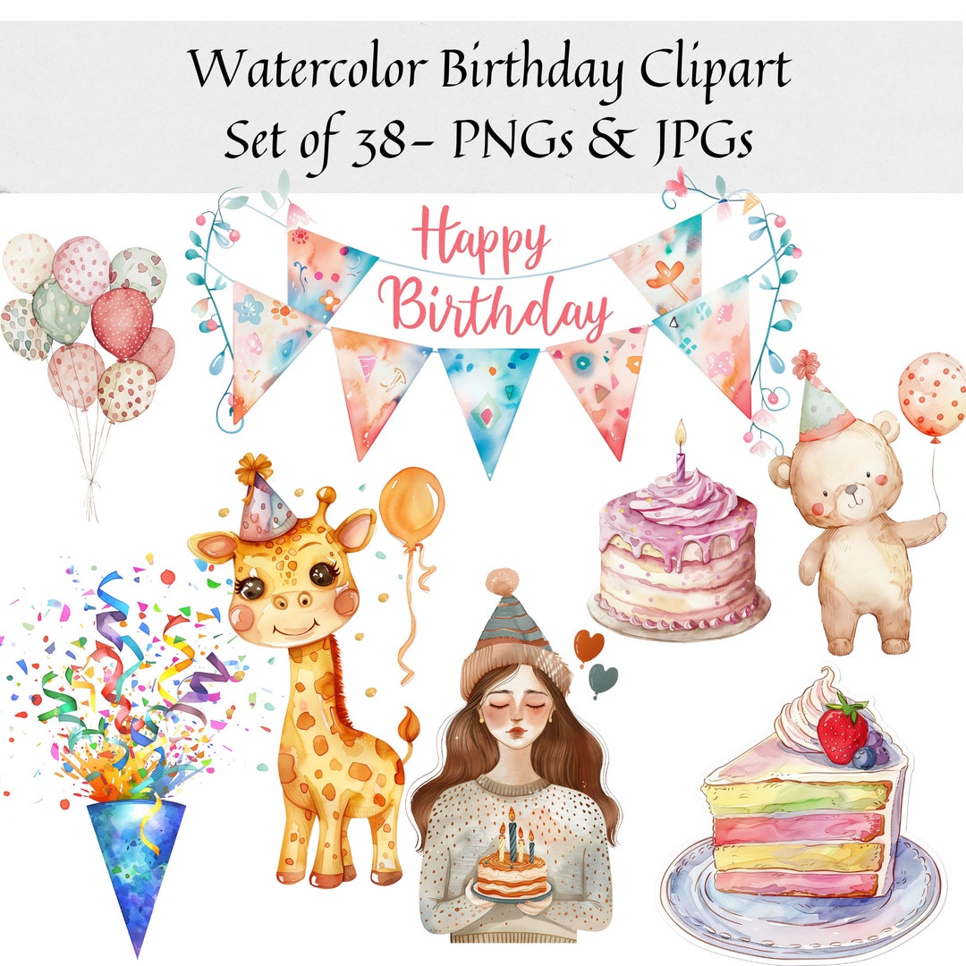 Watercolor Birthday Clipart - Set of 38 , Boho Birthday Clipart, Boho ...