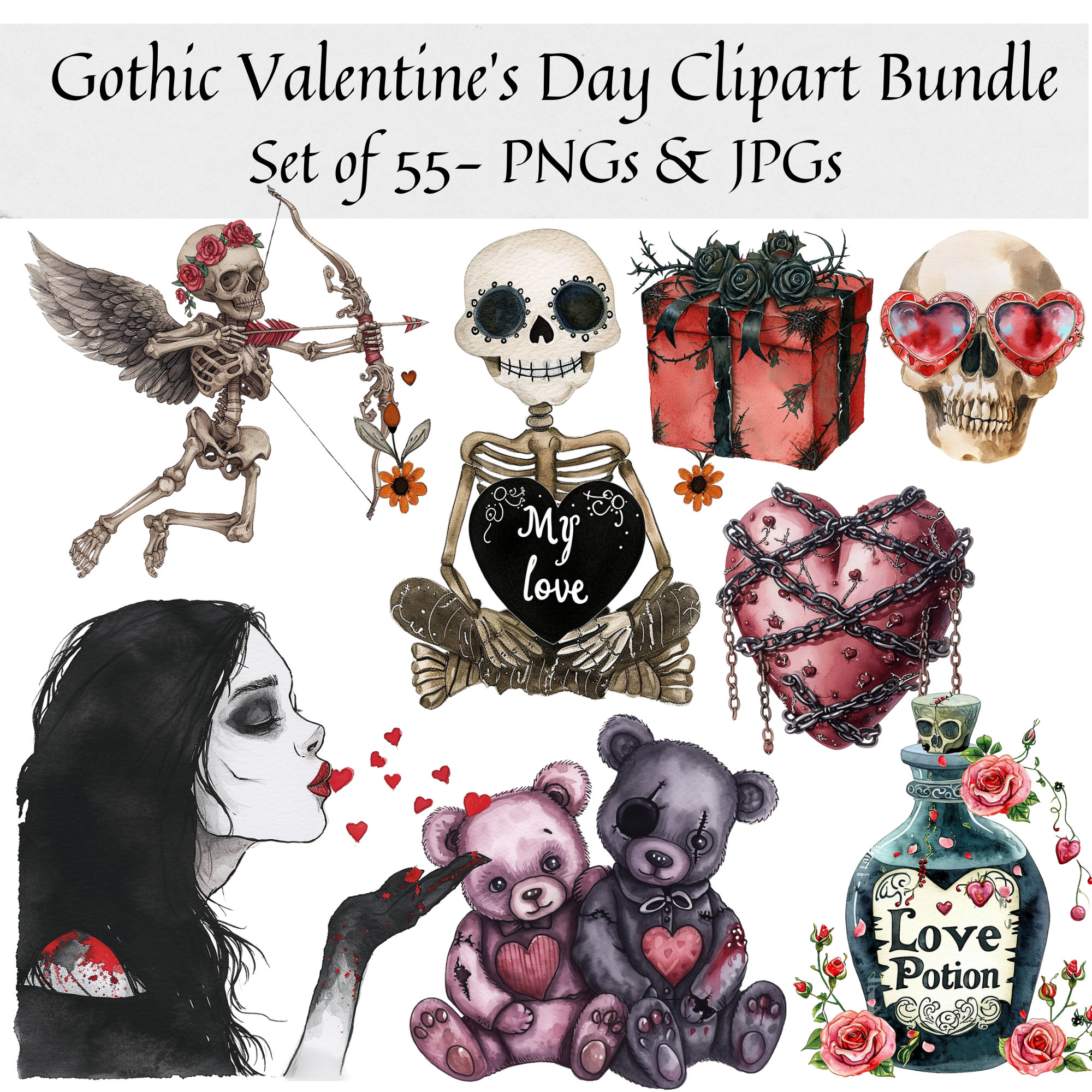 Gothic Valentine Day Clipart -set of 55, Scary Valentine Clipart ...