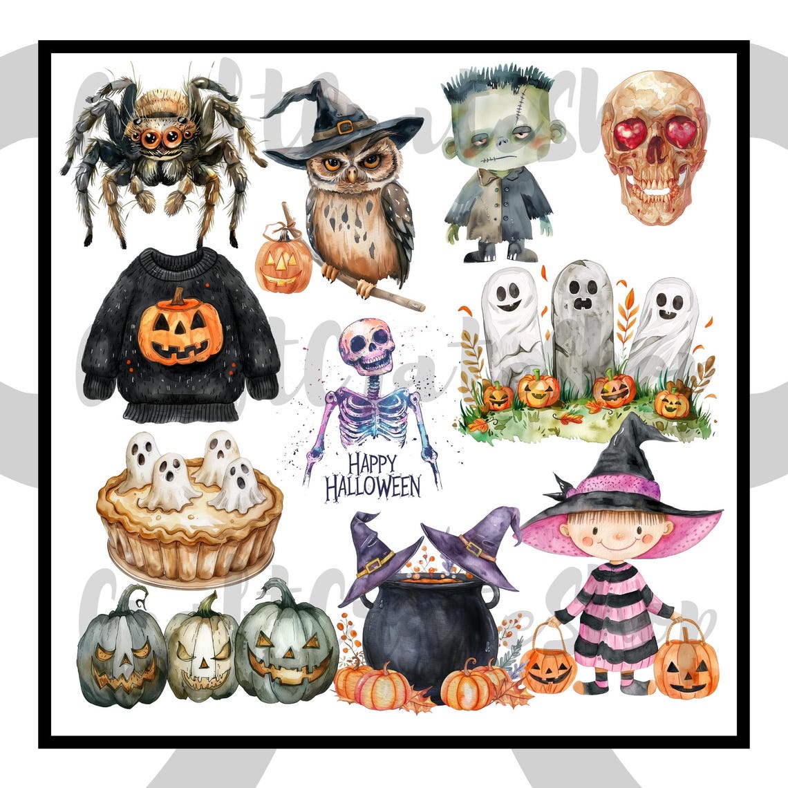 Cute Halloween Watercolor Clipart - Set of 68, Pumpkin Clipart ...