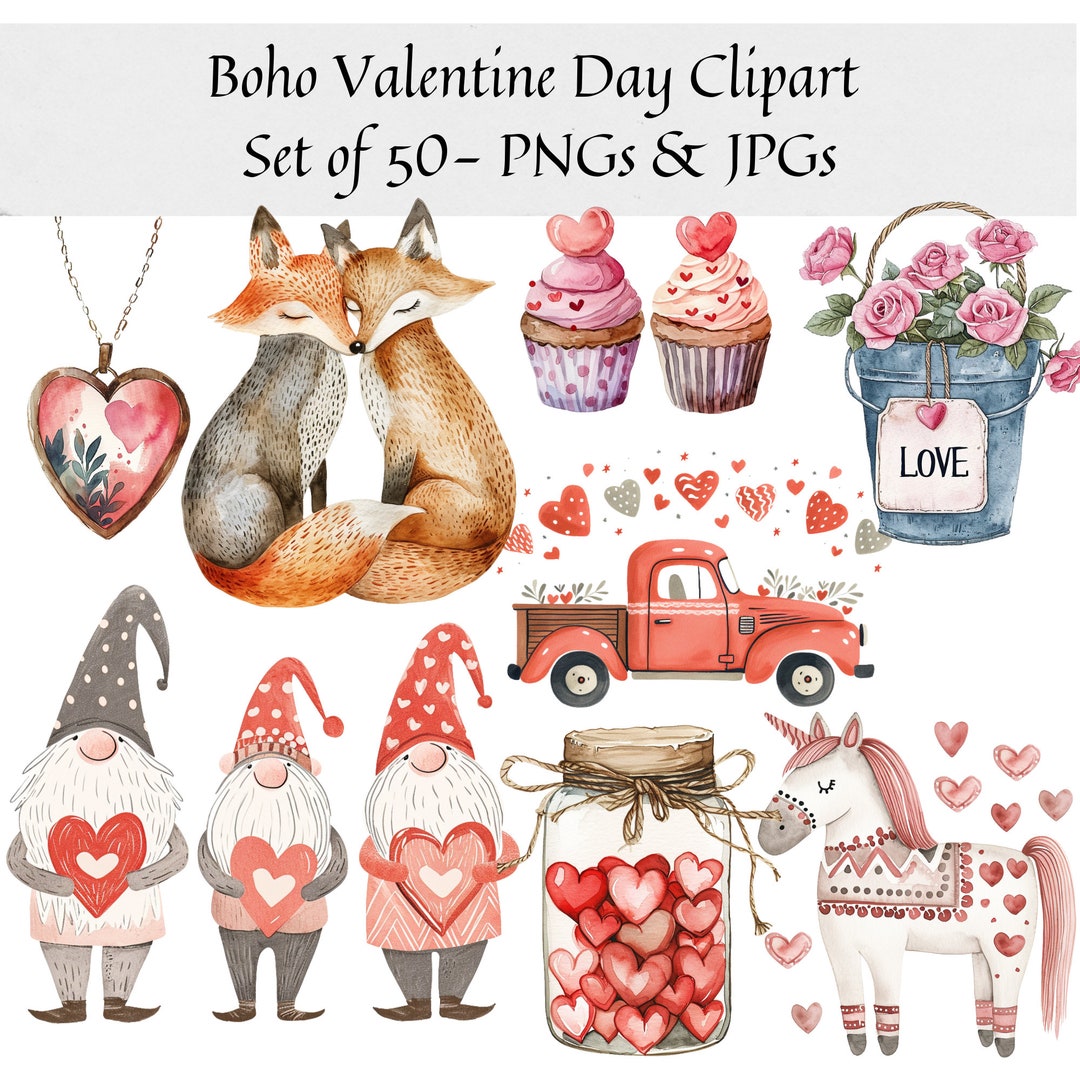 Boho Valentine Day Clipart - Set of 50, Watercolor Valentines Clipart ...