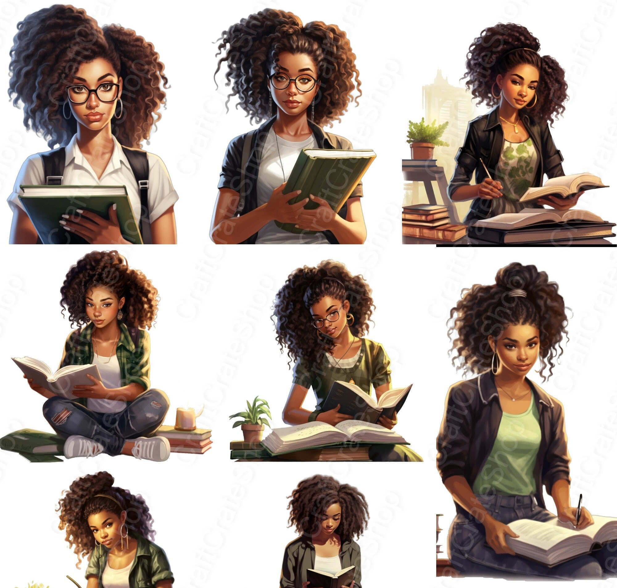 Black Girl Studying Clipart Set of 36 Bookworm Black Girl - Etsy