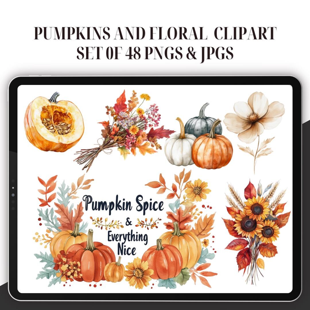 Autumn Pumpkins and Flowers Watercolor Clipart - Set of 48, Autumn ...
