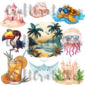 Sunny Beach Day Clipart Bundle Set of 50, Cute Undersea, Vacation PNG ...