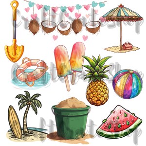 Sunny Beach Day Clipart Bundle - Set of 50, Cute Undersea, Vacation PNG ...