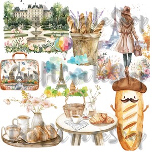 Watercolor Paris Clipart - Set of 48, Bonjour Paris PNG, Eiffel Tower ...