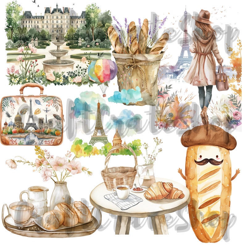 Watercolor Paris Clipart - Set of 48, Bonjour Paris PNG, Eiffel Tower ...