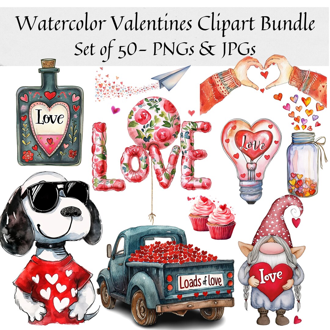 Watercolor Valentine Day Clipart- Set of 50, Boho Valentines Clipart ...