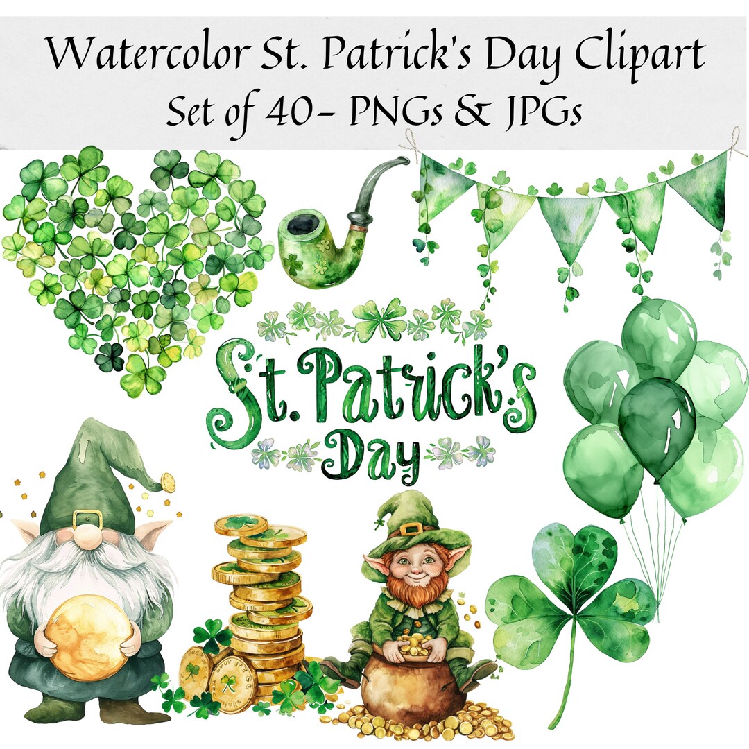 Watercolor St. Patrick's Day Clipart - Set of 40, Saint Patrick's Day ...
