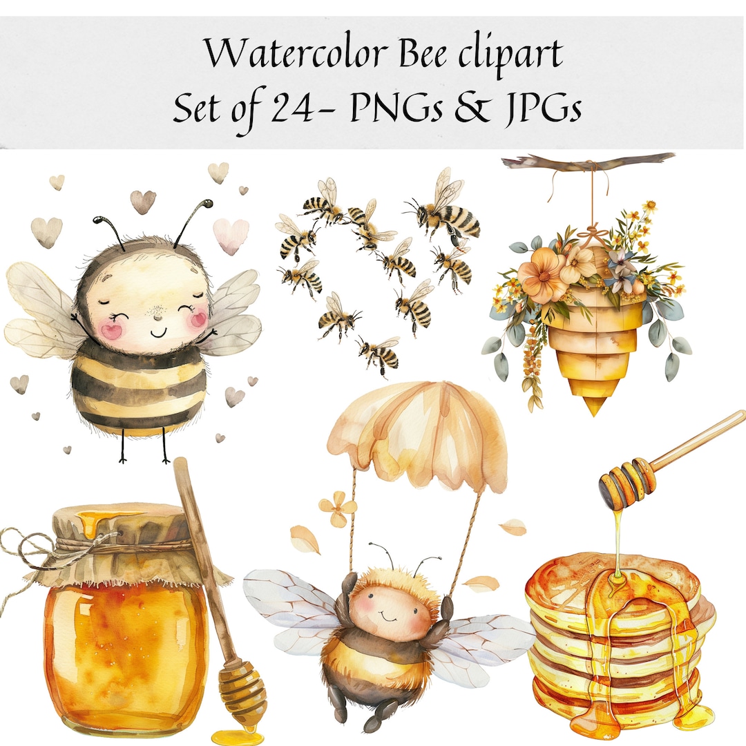Watercolor Sweet Honey Bee Clipart - Set of 24 Cute Bee Clipart Baby ...
