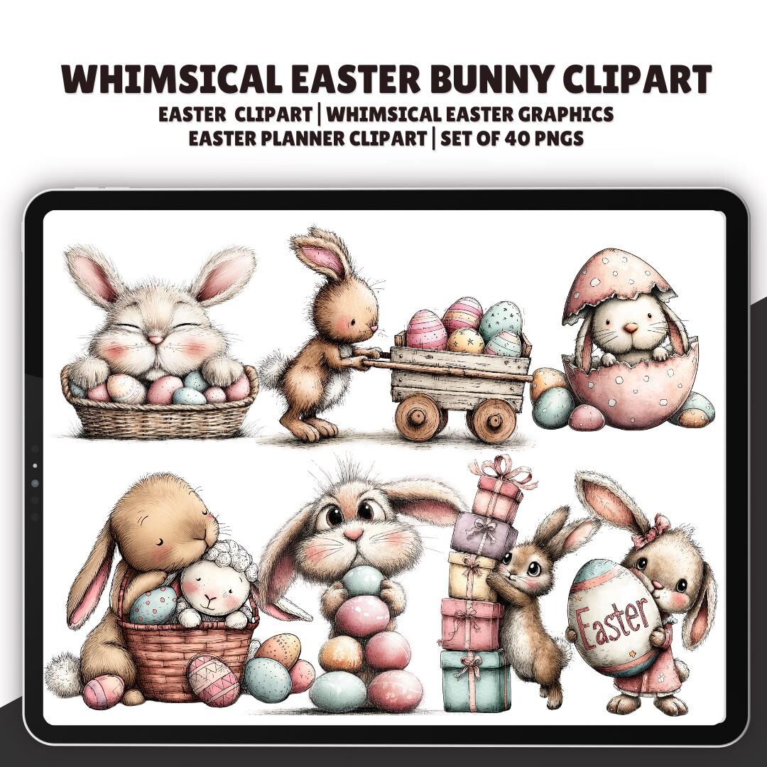 Whimsical Bunny Easter Clipart: 40 Festive PNG Graphics - Instant ...
