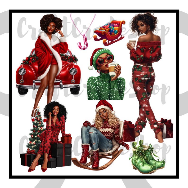 Black Woman Christmas Clipart - Set of 55, Christmas Girl PNG ...