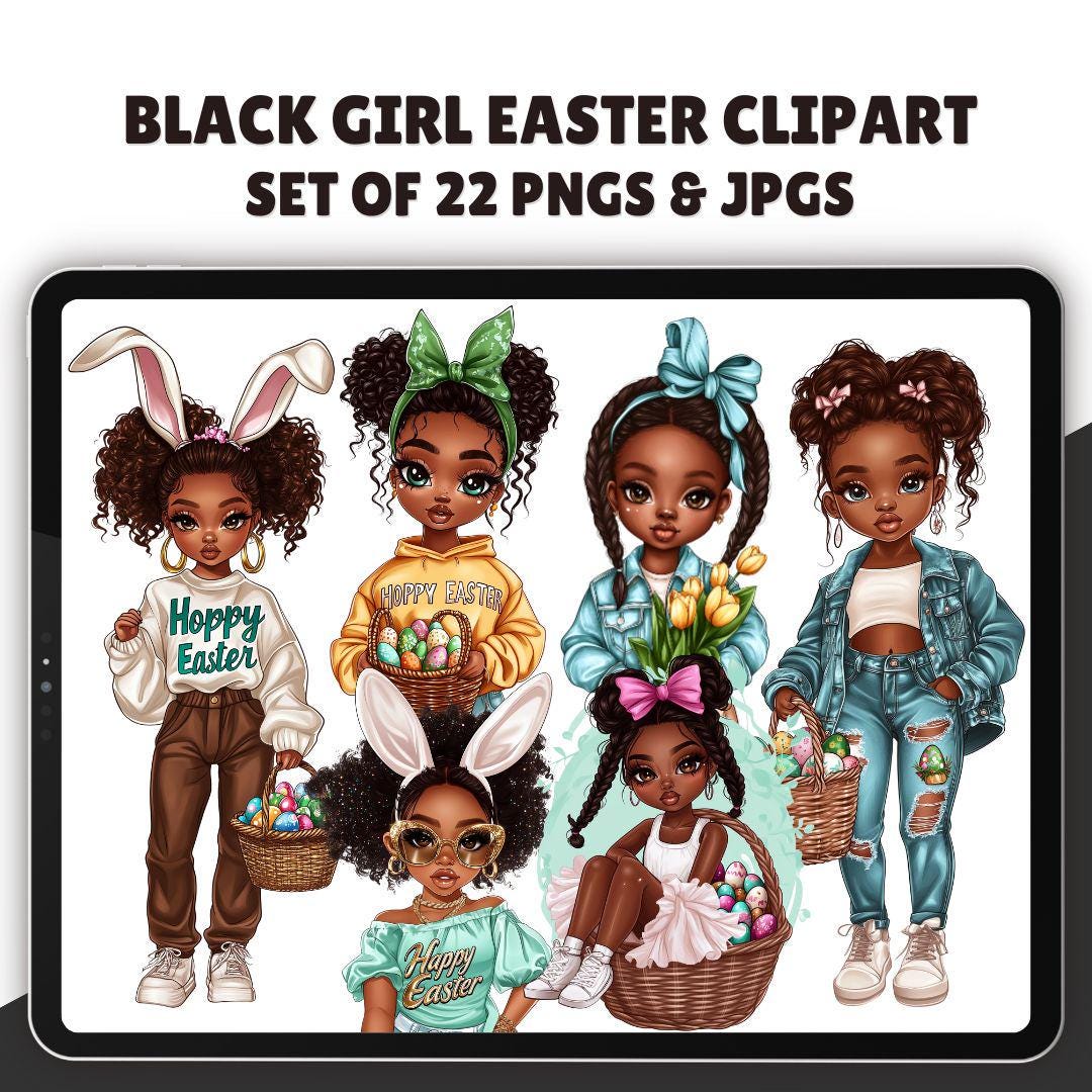 Black Girl Easter Clipart - Set of 22 Easter Png Easter Bunny Pretty ...