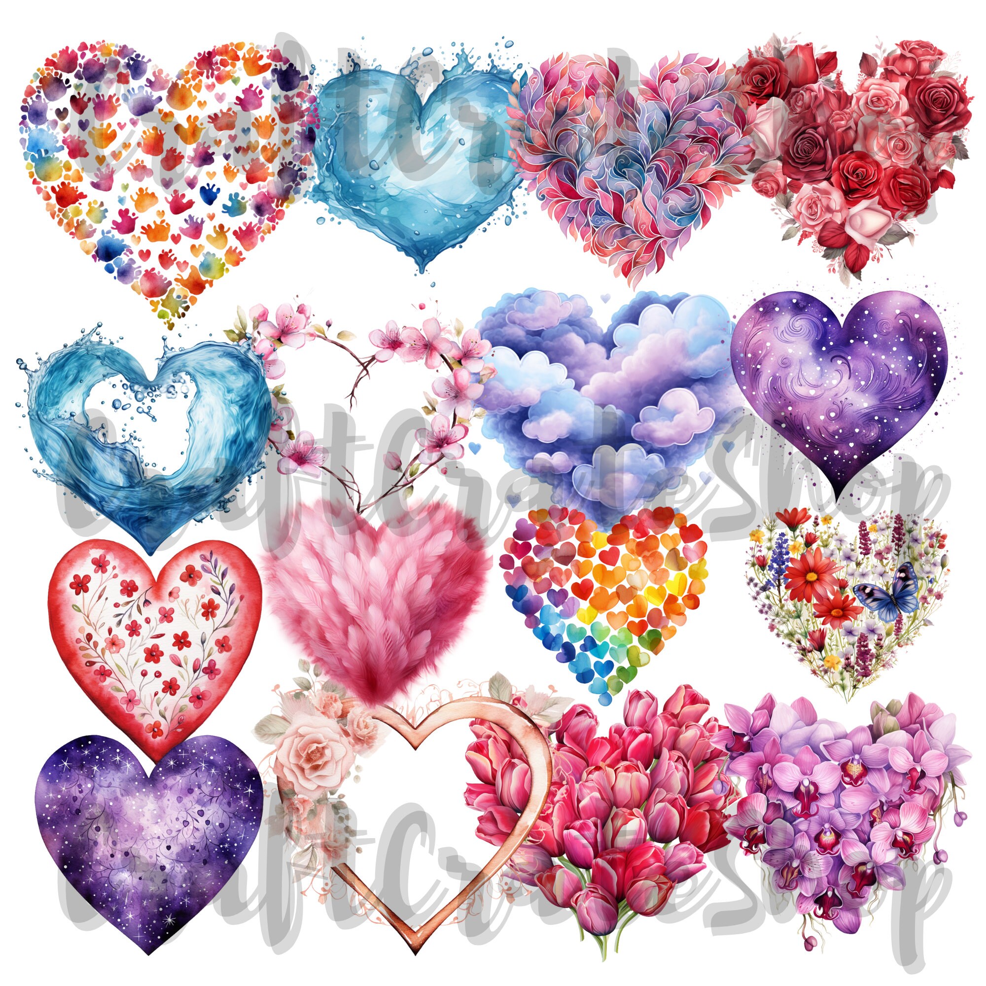 Watercolor Heart Clipart - Set of 54, Valentine Day Clipart, Love ...