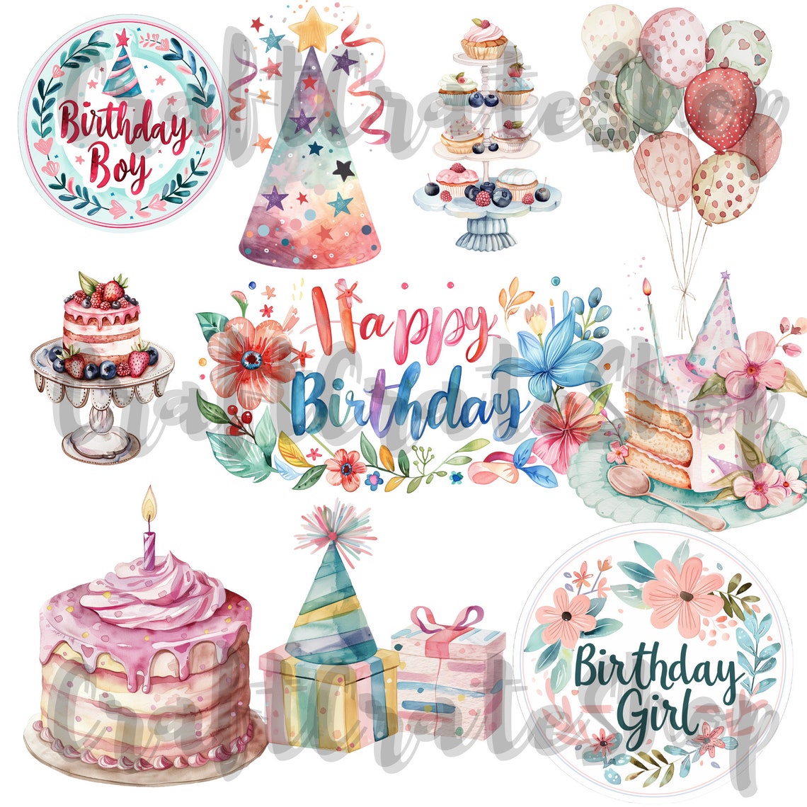 Watercolor Birthday Clipart - Set of 38 , Boho Birthday Clipart, Boho ...