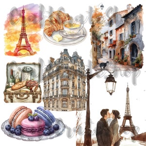 Watercolor Paris Clipart - Set of 48, Bonjour Paris PNG, Eiffel Tower ...