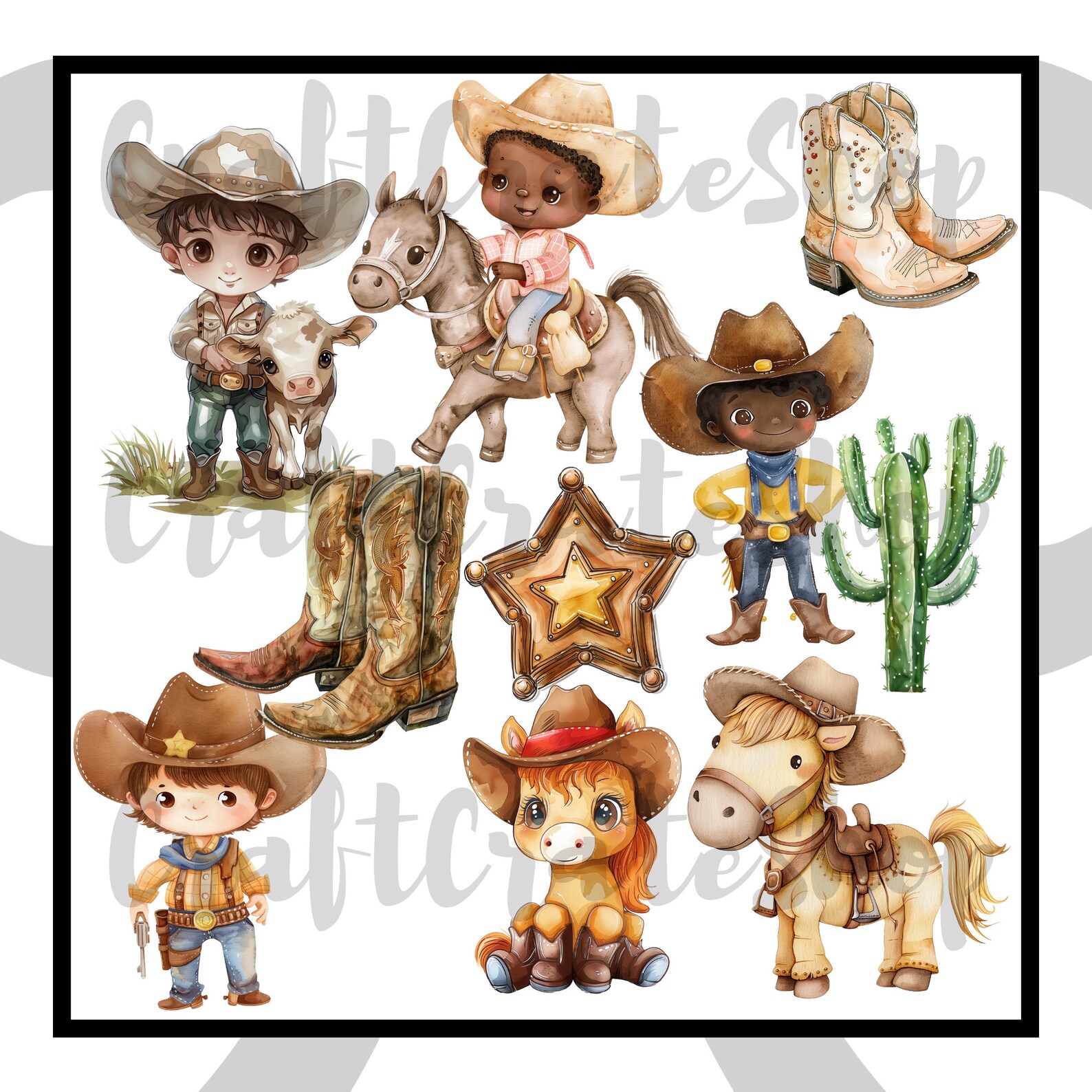 Watercolor Cute Cowboy Clipart - Set of 66, Baby Cowboy PNG, Wild West ...