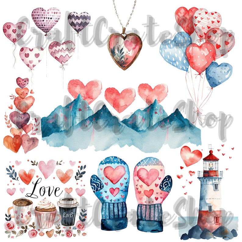Boho Valentine Day Clipart - Set of 50, Watercolor Valentines Clipart ...