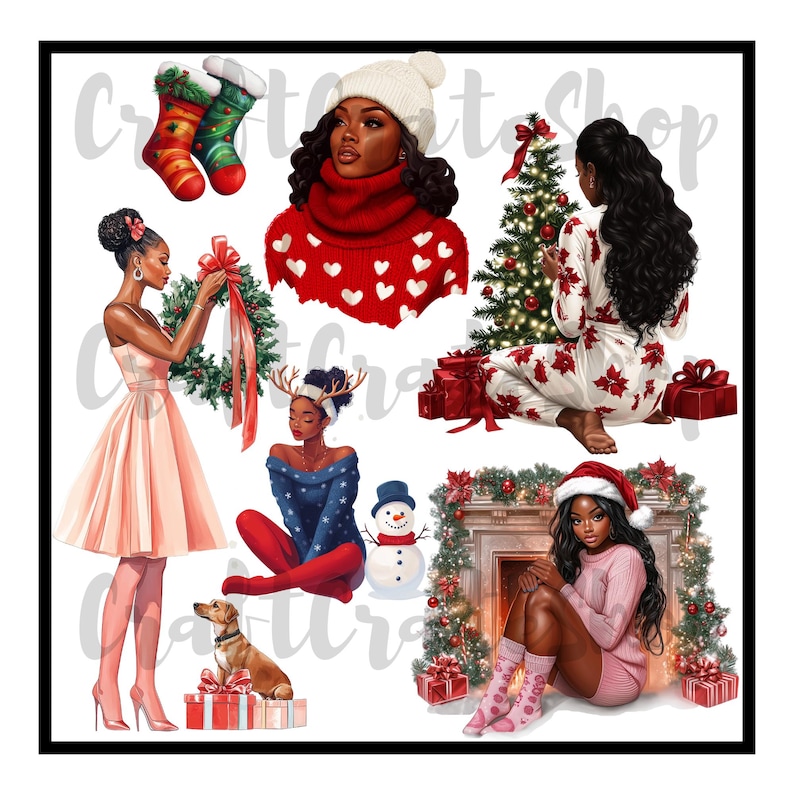Black Woman Christmas Clipart - Set of 55, Christmas Girl PNG ...