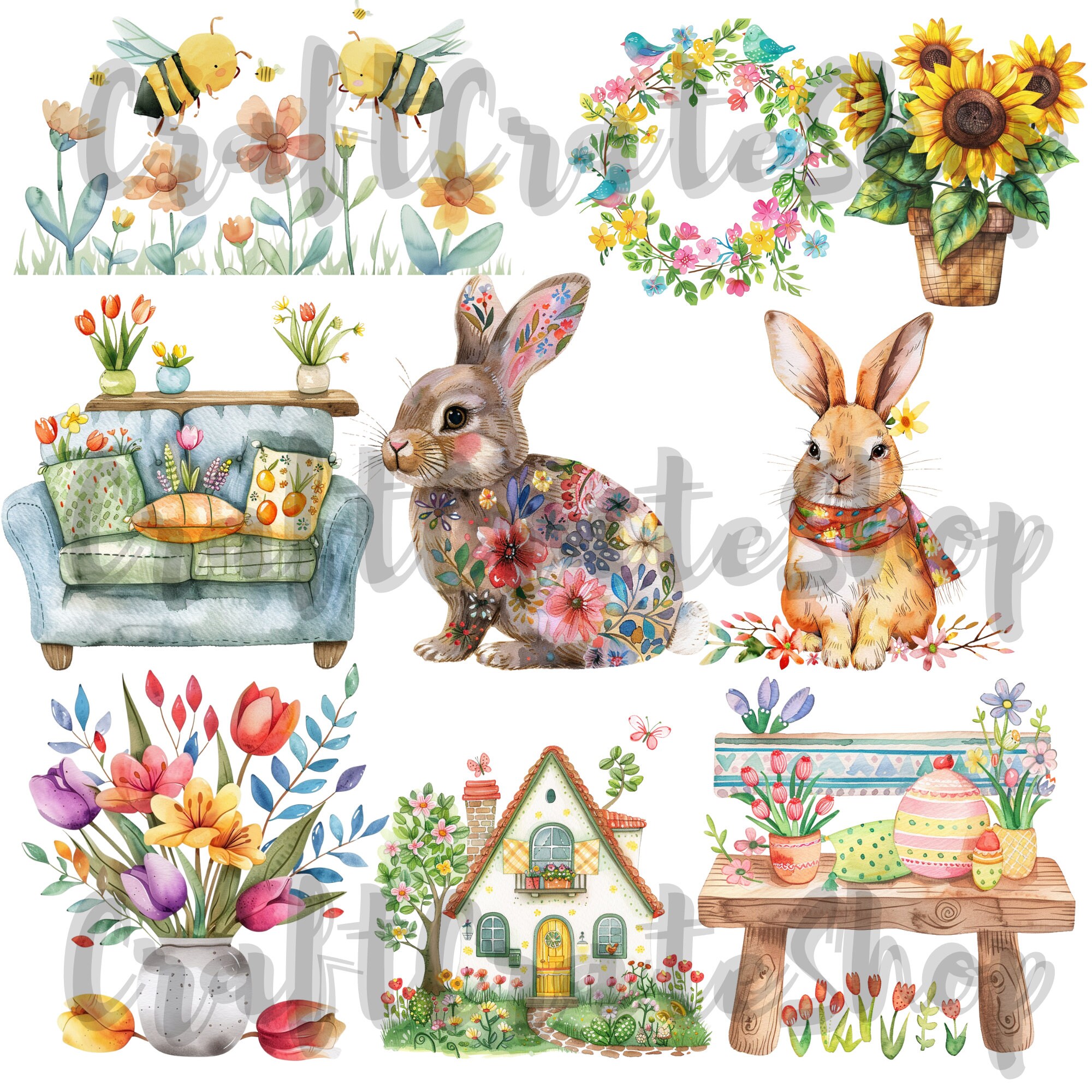 Watercolor Spring Clipart - Set of 40, Spring Floral Clipart, Spring ...
