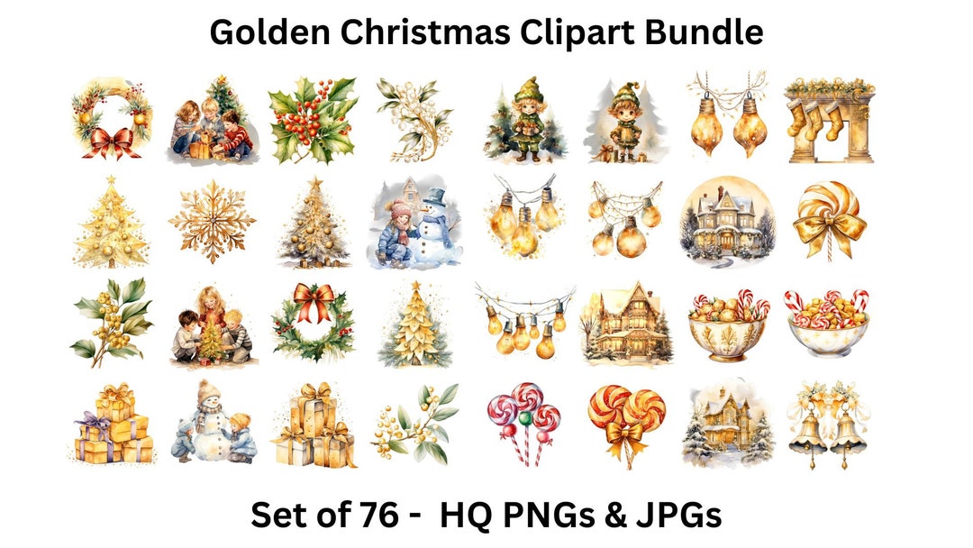 Watercolor Golden Christmas Clipart - Set of 76 Christmas Illustrations ...