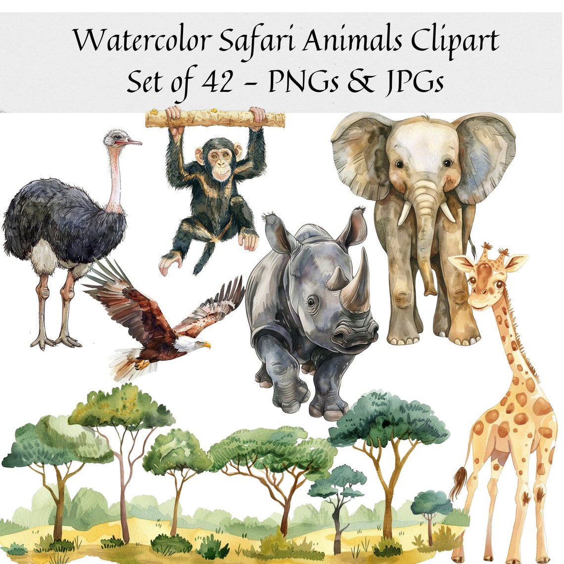 Watercolor Safari Animals Clipart - Set of 42, Animal Clipart, Safari ...