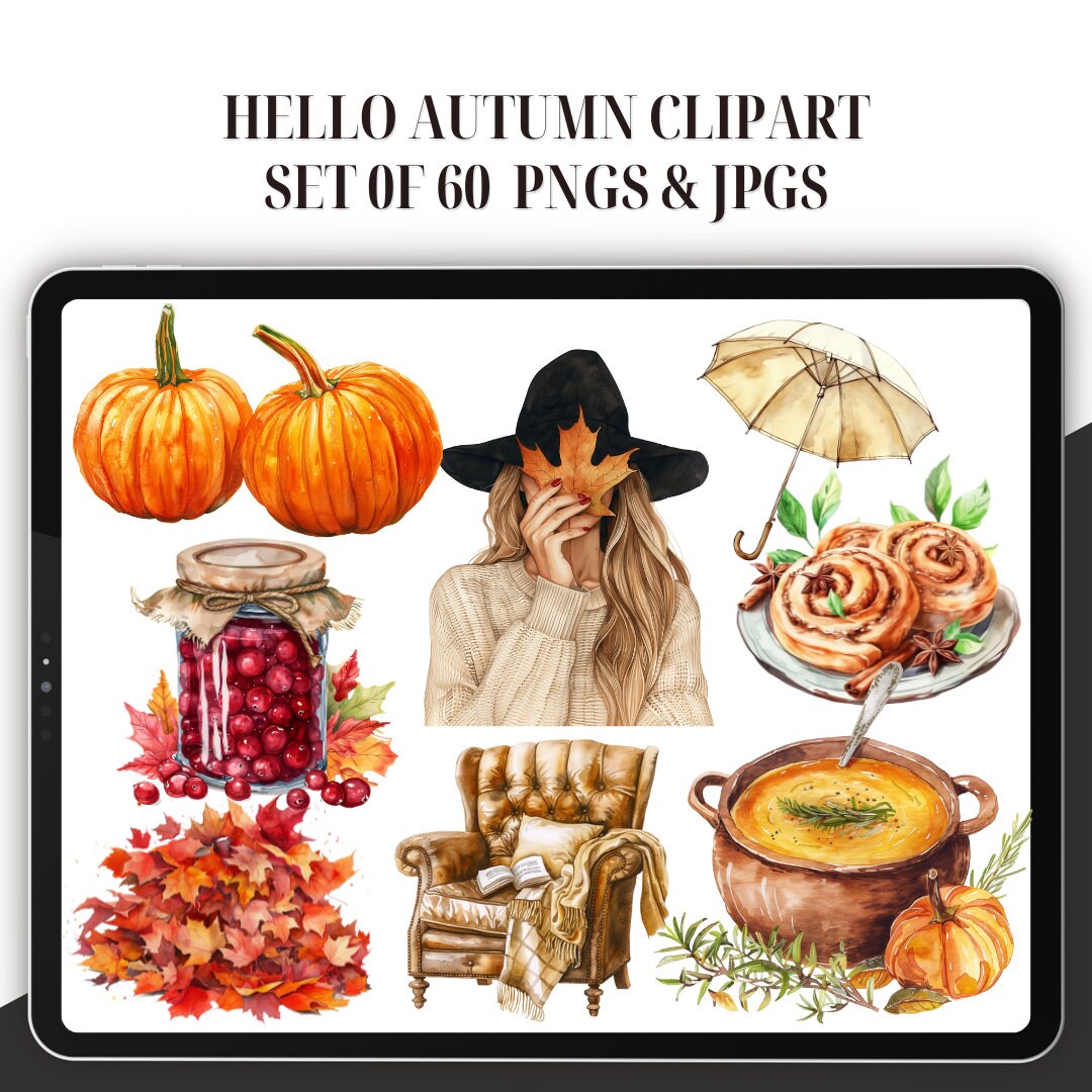 Hello Autumn Clipart - Set of 60, Cozy Fall Clipart, Cottagecore Fall ...