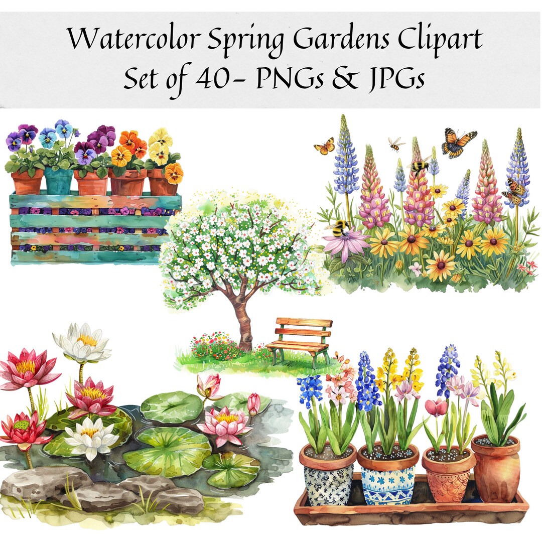 Watercolor Spring Gardens Clipart - Set of 40, Spring Garden ...