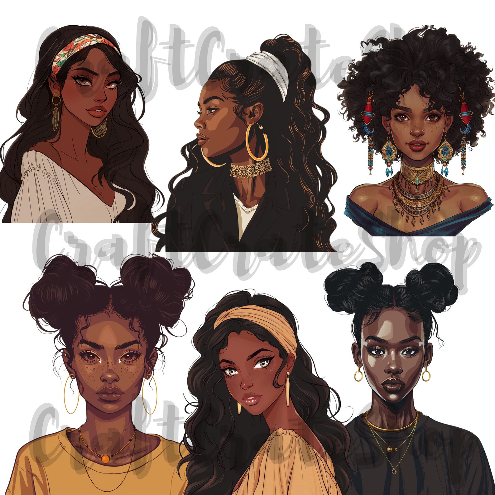 Black Woman Clipart - Set of 34, Black Girl Clipart, Portrait Clipart ...