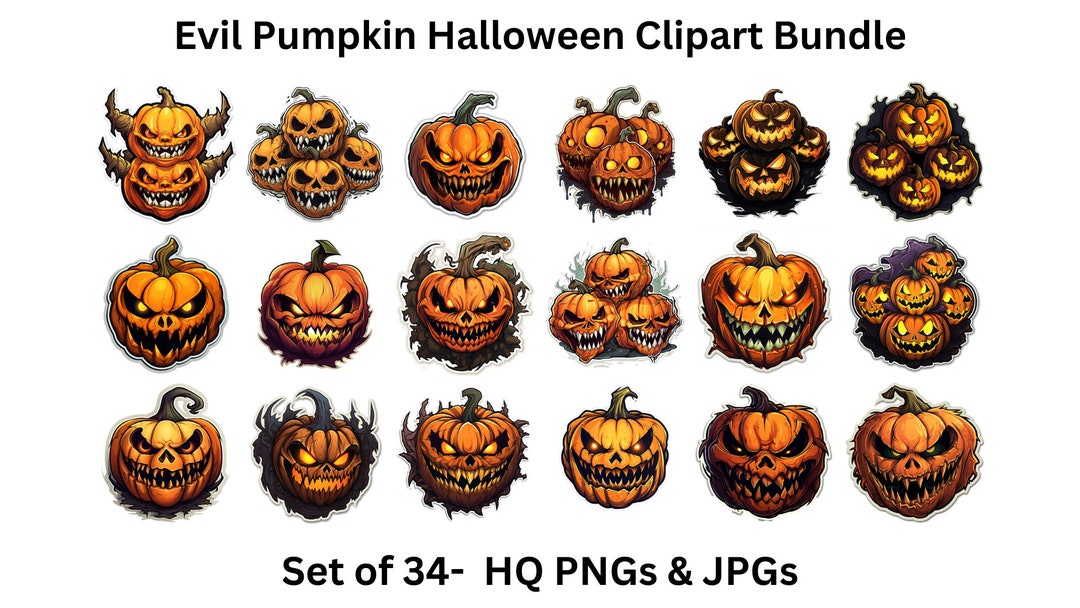 Halloween Evil Pumpkin Clipart Set of 34, Halloween Png, Jack O Lantern ...