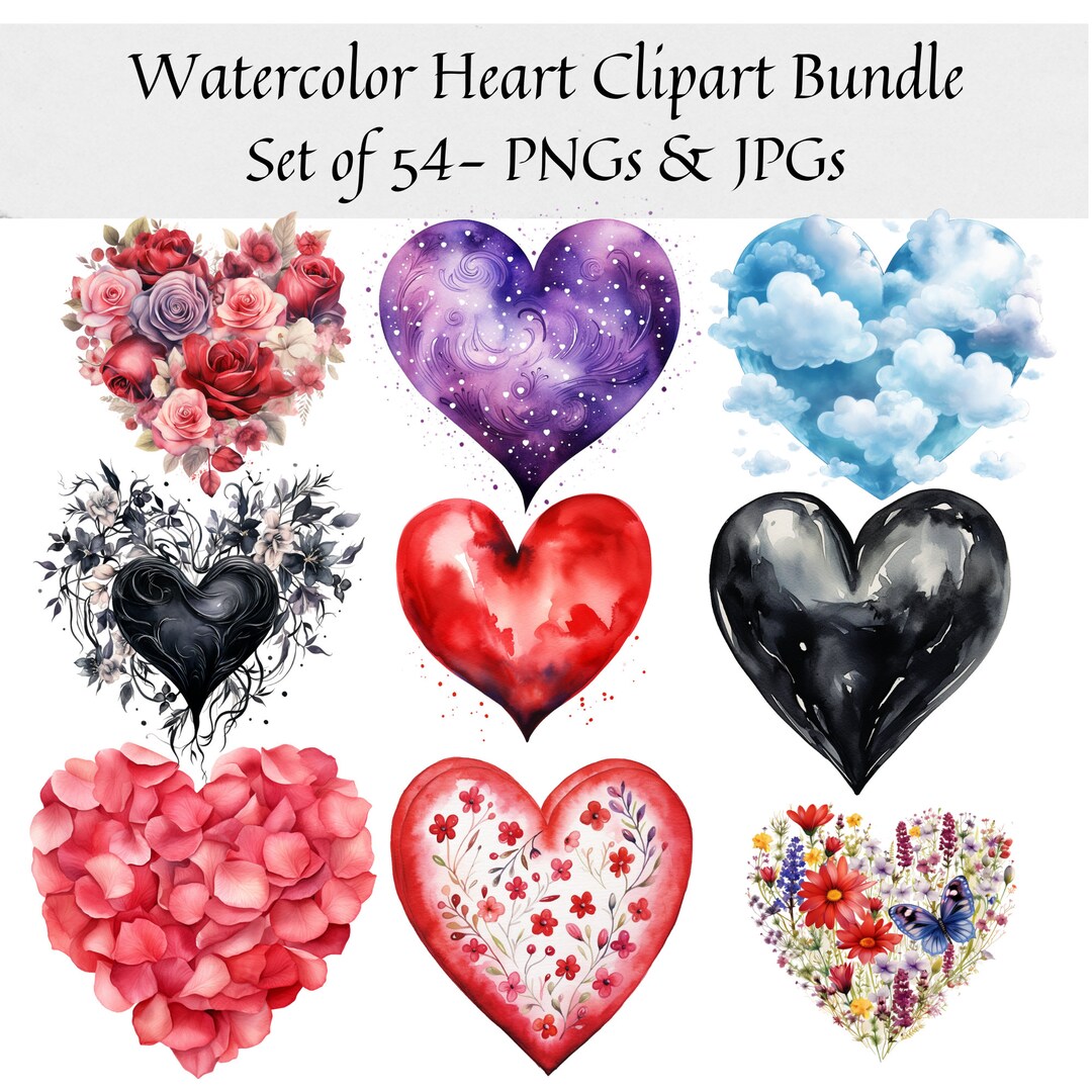 Watercolor Heart Clipart Set of 54, Valentine Day Clipart, Love Clipart ...