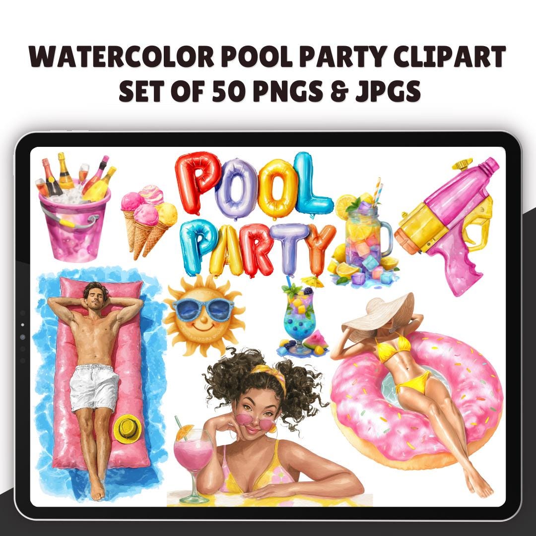 Watercolor Pool Party Clipart - Set of 50 Summer Graphics, Pool Day Png ...
