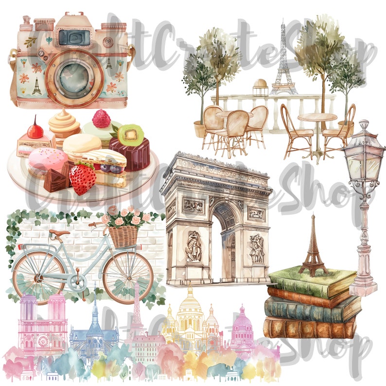 Watercolor Paris Clipart - Set of 48, Bonjour Paris PNG, Eiffel Tower ...