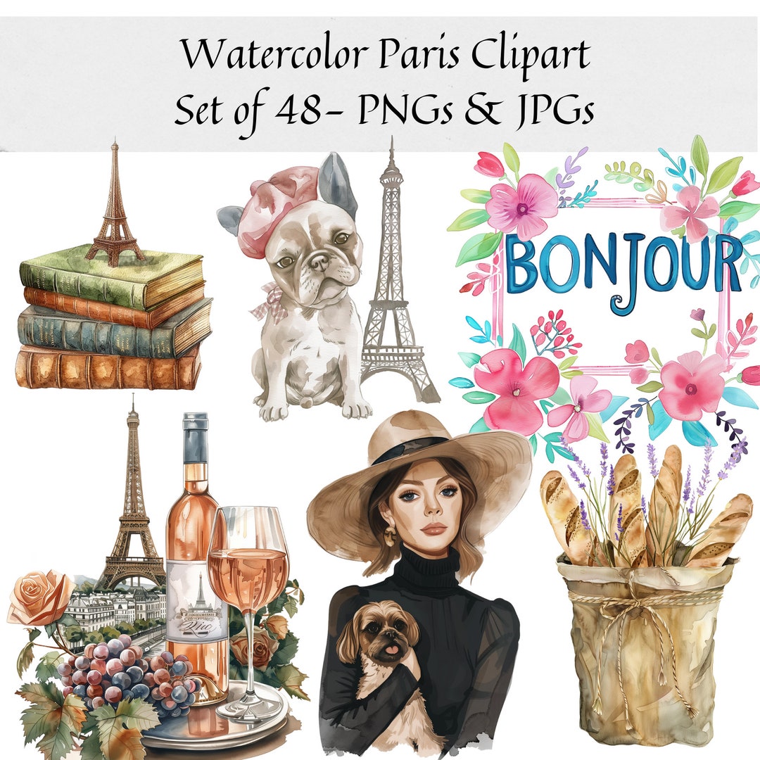 Watercolor Paris Clipart - Set of 48, Bonjour Paris PNG, Eiffel Tower ...