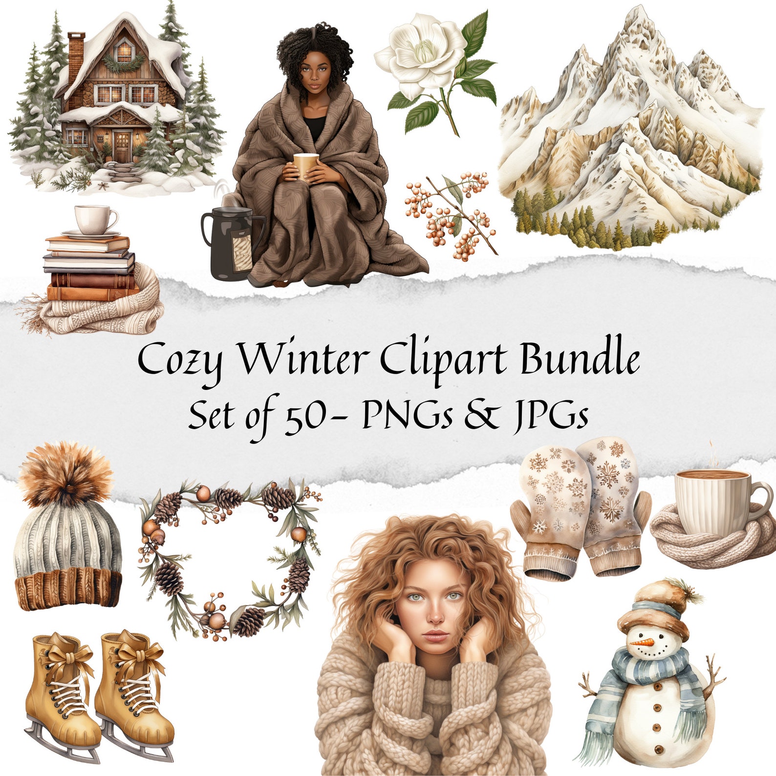 Cozy Winter Clipart - Set of 50, Neutral Color Clipart, Winter Scene ...