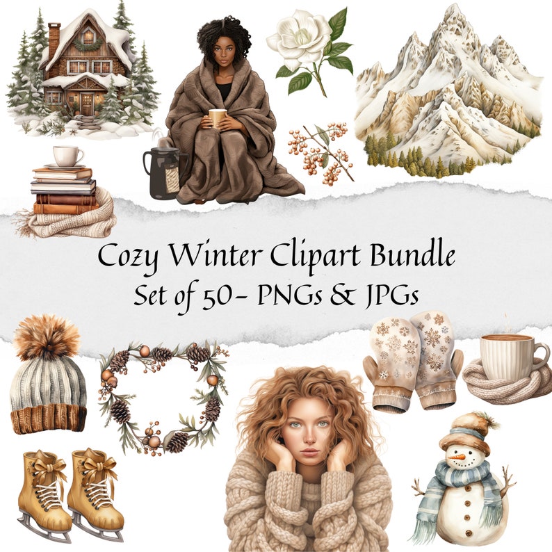 Cozy Winter Clipart Set of 50 Neutral Color Clipart Winter - Etsy