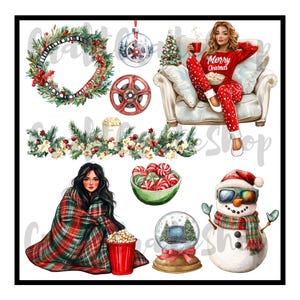 Watercolor Christmas Movie Night Clipart: Boho Holiday PNG Set (50 ...