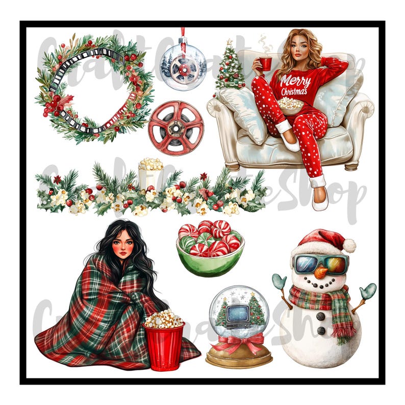 Watercolor Christmas Movie Night Clipart: Boho Holiday PNG Set (50 ...