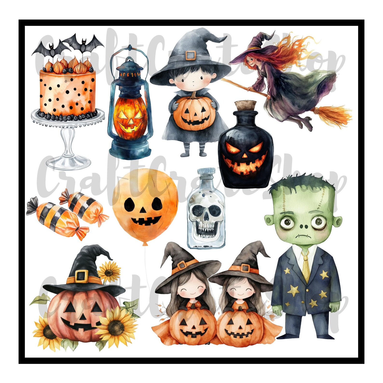 Cute Halloween Watercolor Clipart - Set of 68, Pumpkin Clipart ...