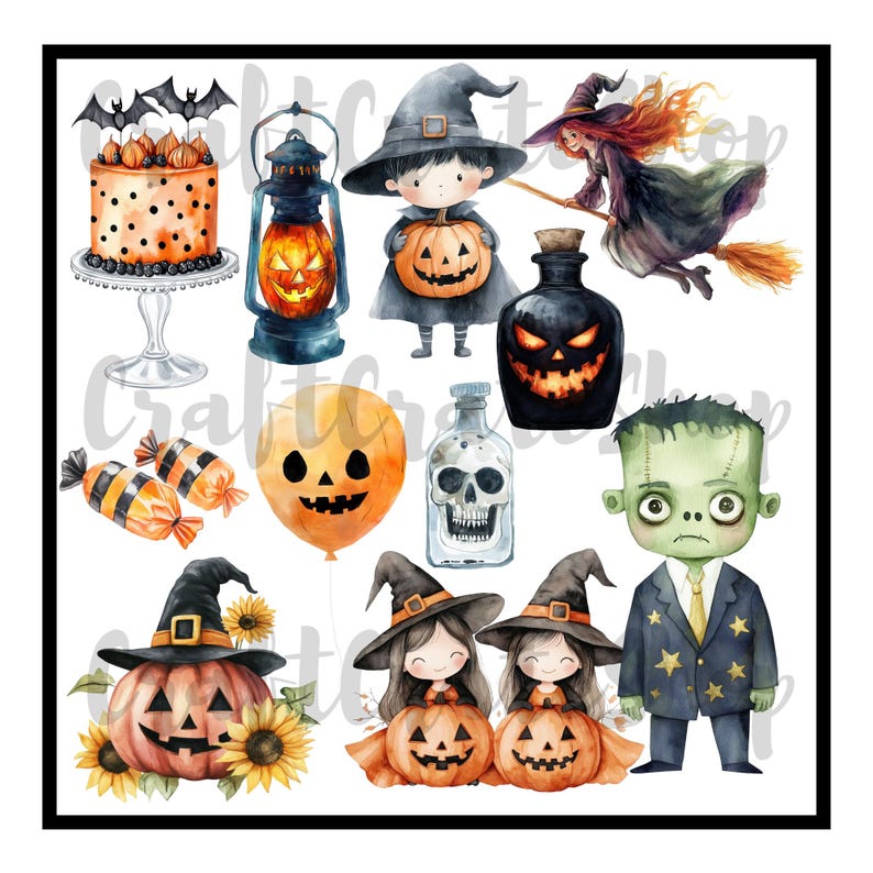 Cute Halloween Watercolor Clipart - Set of 68, Pumpkin Clipart ...