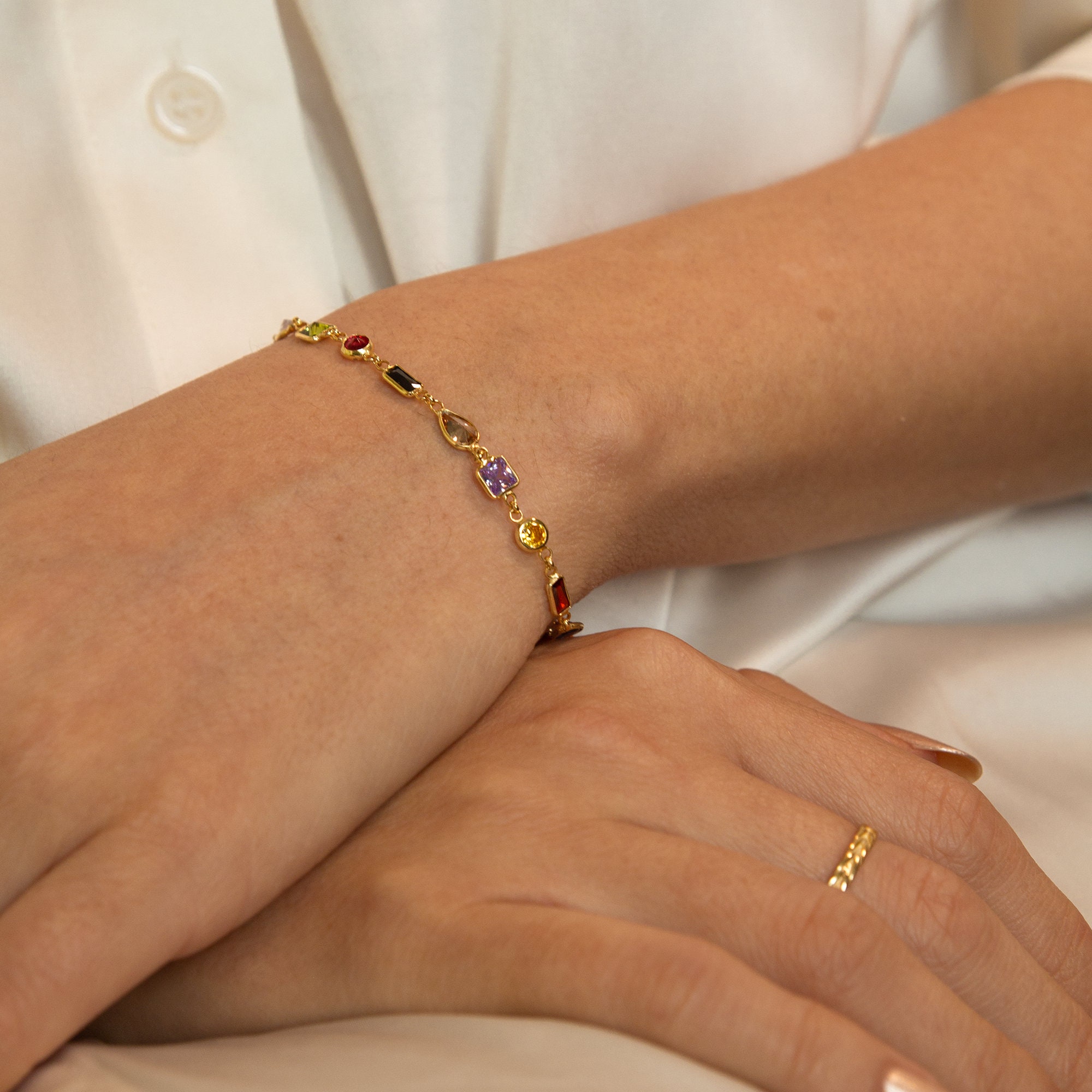 Colorful Stones Silver Charm Bracelet, Coloured Stone Gold Plated ...