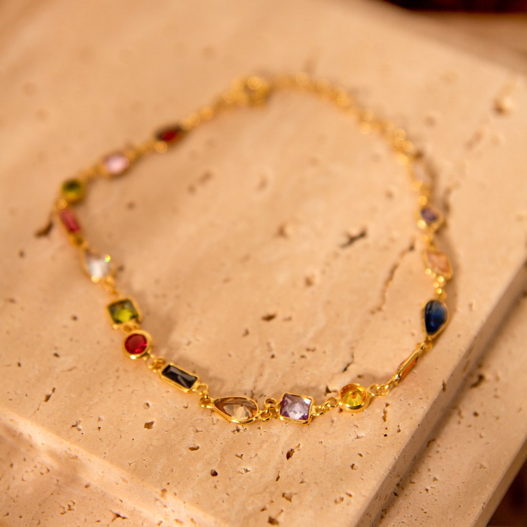 Colorful Stones Silver Charm Bracelet, Coloured Stone Gold Plated ...